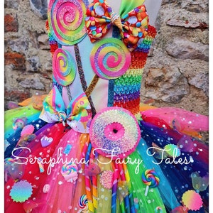 Girls Rainbow Candyland Tutu Dress up Costume. Lined Glitter Lollipop ...