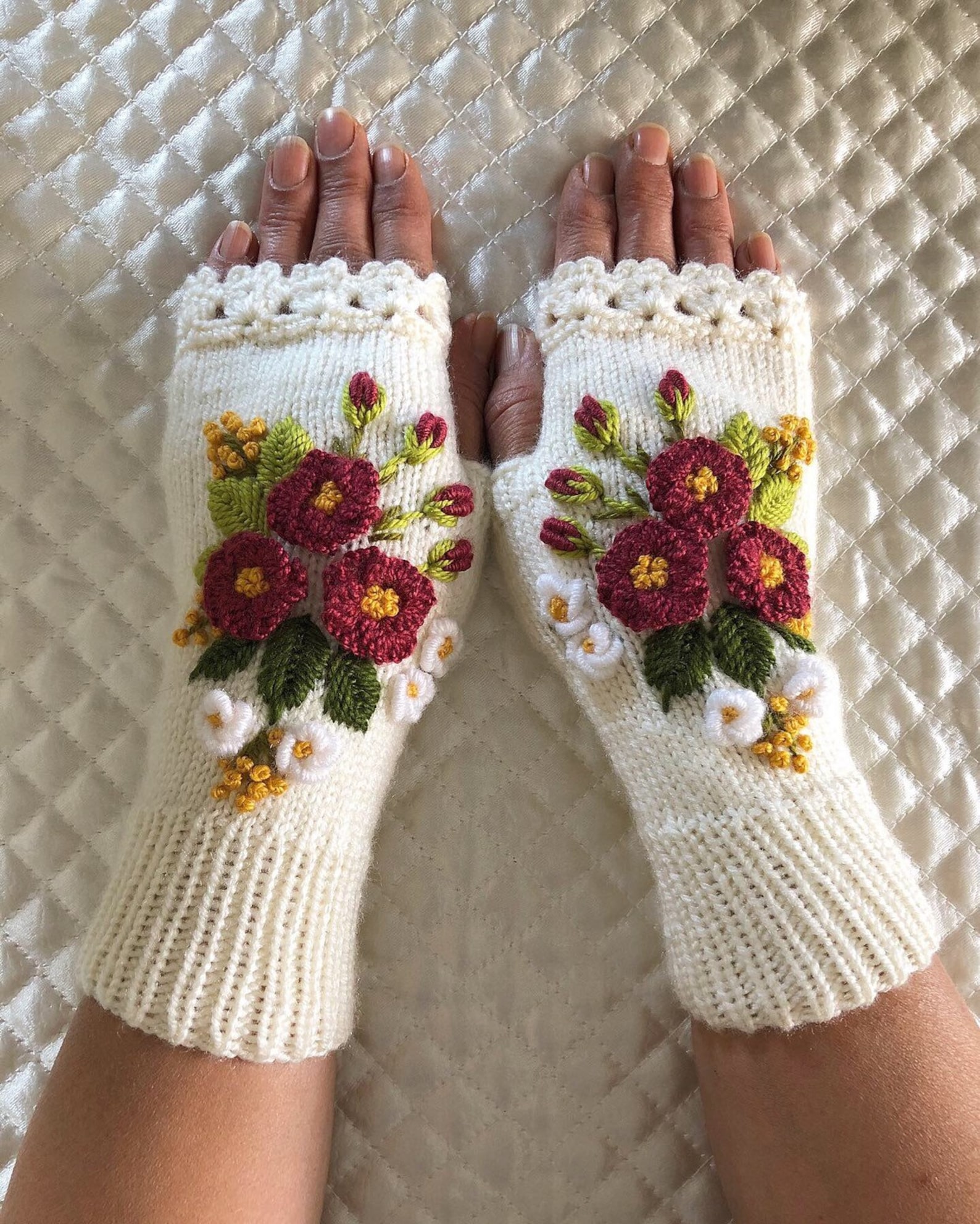 Knitted Fingerless Gloves White Flower Embroidered - Etsy