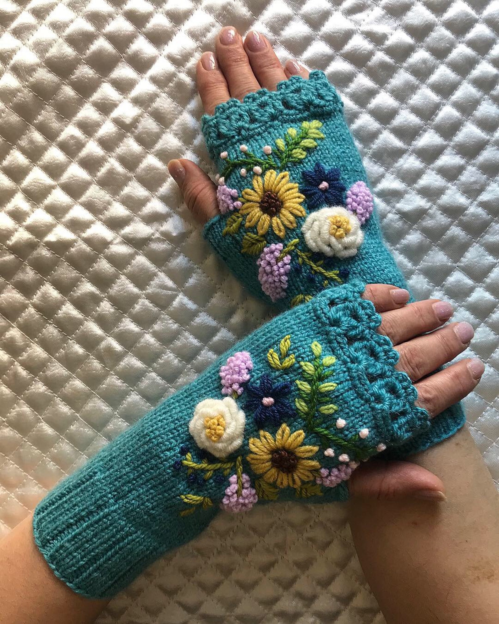 Knitted Fingerless Gloves, Lake Blue, Flower Embroidered, Accessories ...
