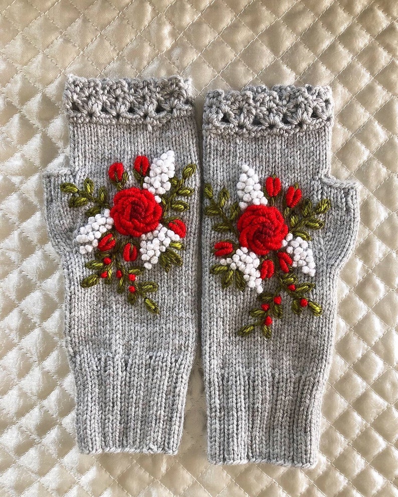 Knitted Fingerless Gloves Grey Flower Embroidered | Etsy