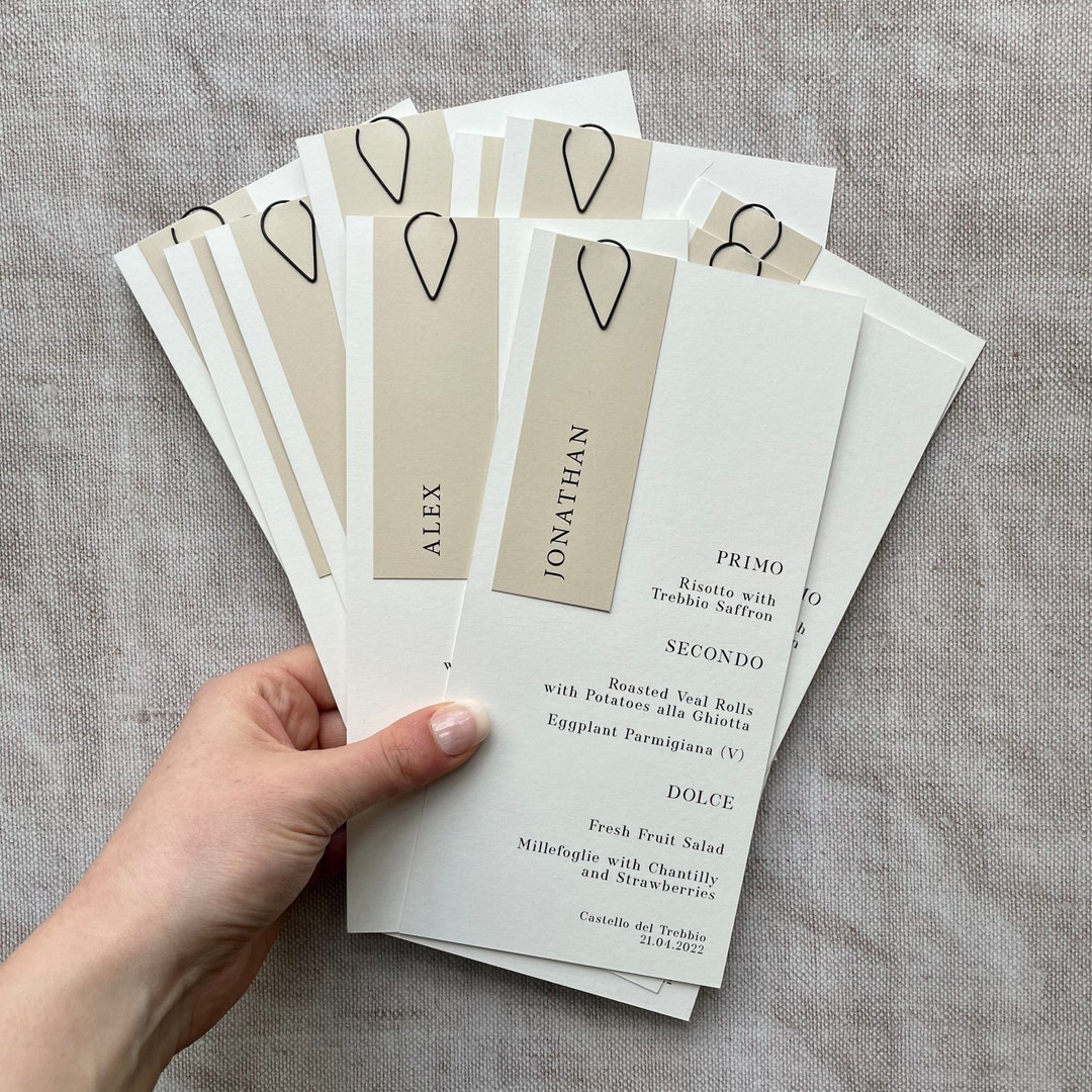 Personalised Printed Menus With Name Card and Clip, Printed Wedding ...