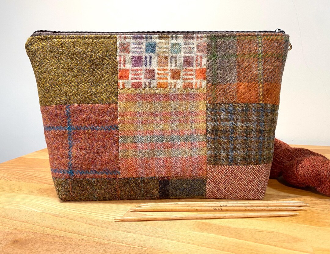 Patchwork Pure Wool Tweed Knitting Project Bag, Craft Sewing Pouch in ...