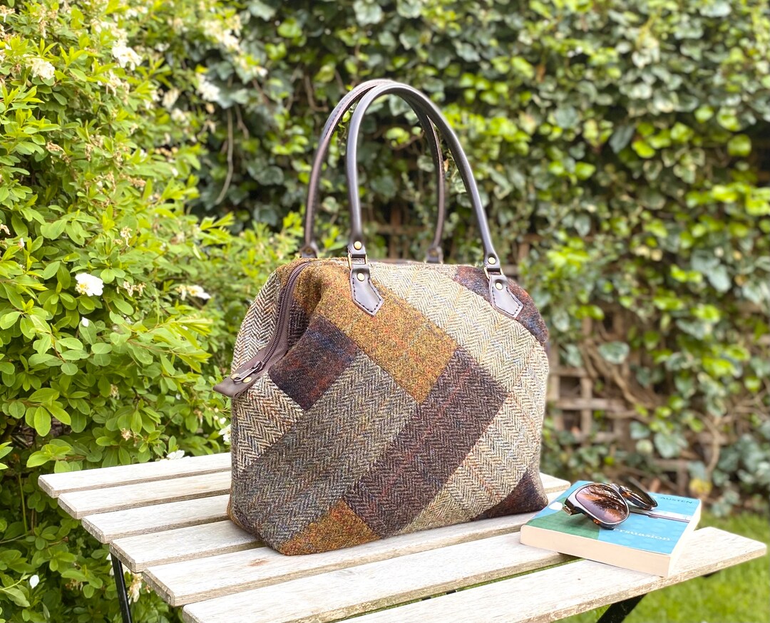 HARRIS TWEED Parquet Patchwork Frame Top Handbag With Leather Handles ...