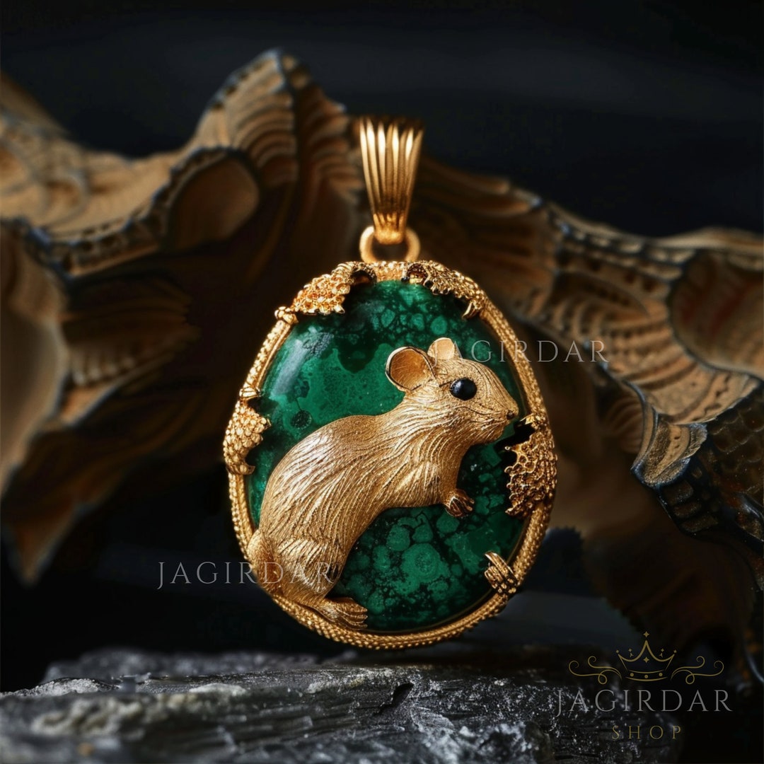 14K Gold Plated Rat Disc Pendant, Malachite Mouse Charm Pendant, Rat ...