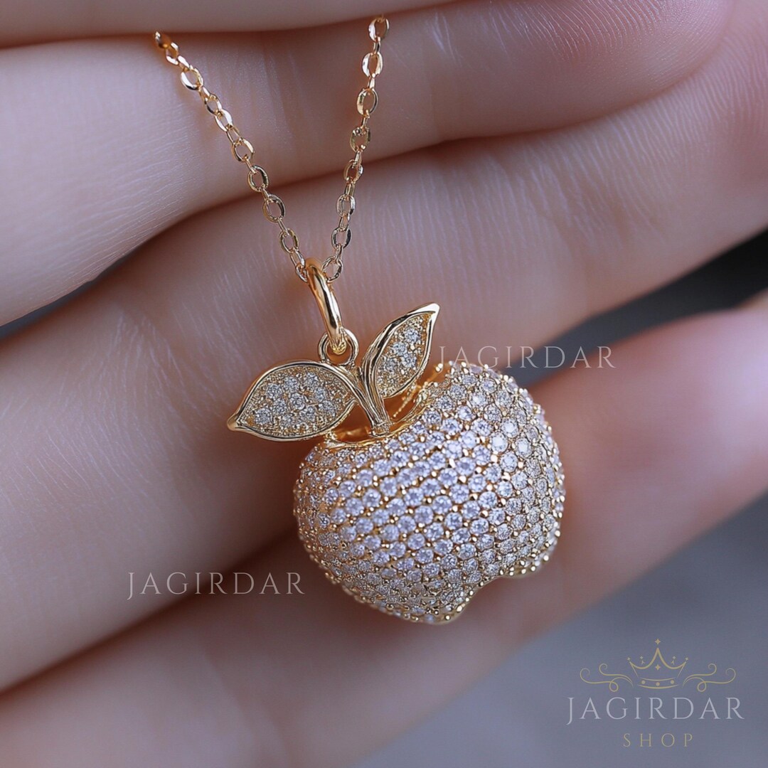 14K Gold Pave Diamond Apple Pendant, Dainty Diamond Apple Charm, Pave ...