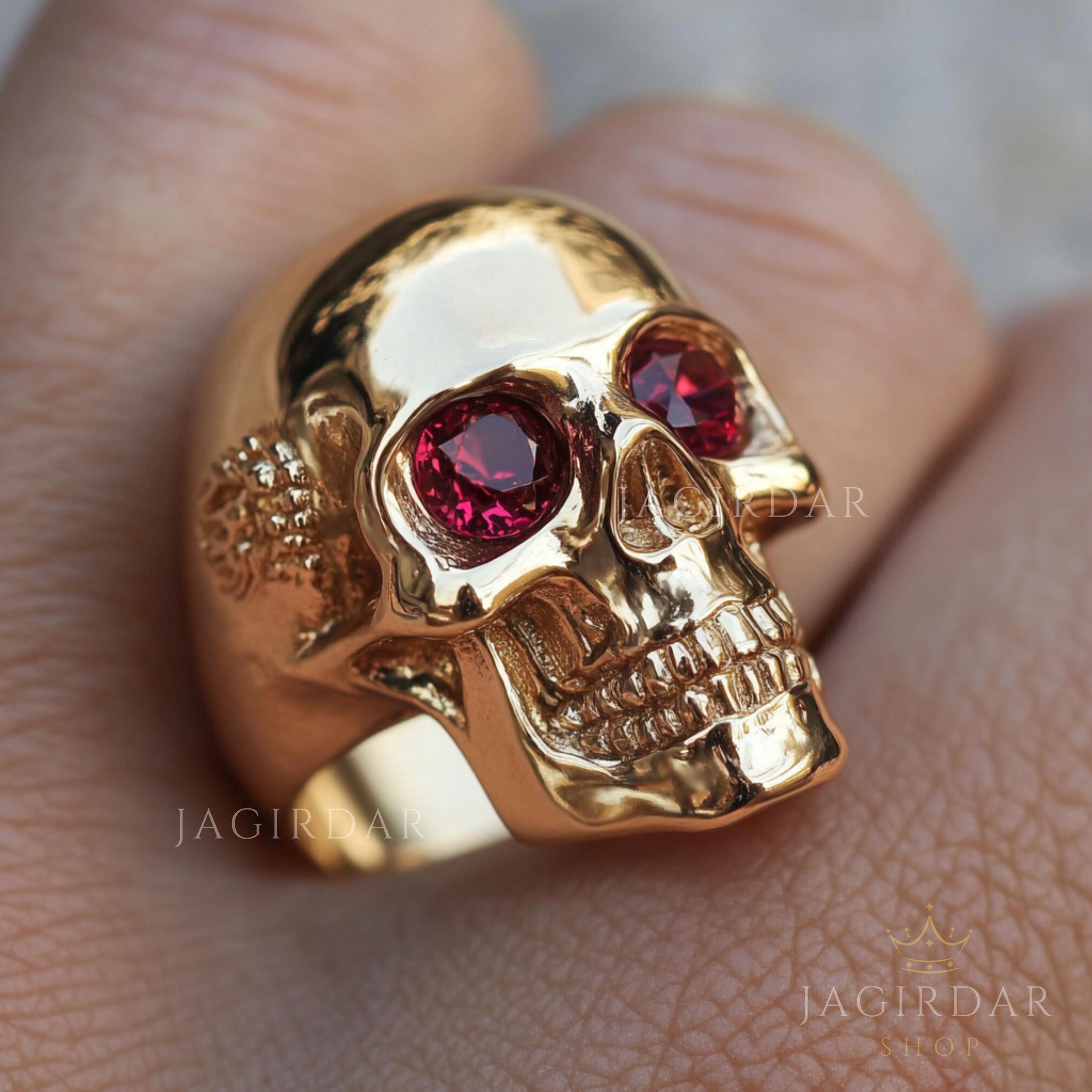 925 Human Skull Ring, Gemstone Gold Skull Ring, Ruby Eye Skull Ring ...