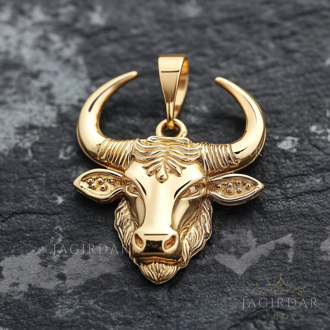 14k Gold Bull Head Charm Pendant, Gold Bull Taurus Head Pendant, Gold ...