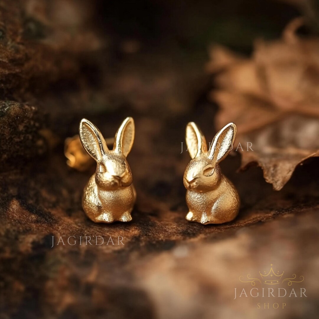 Solid 14k Gold Rabbit Studs Earrings, Delicate Rabbit Studs Earrings ...