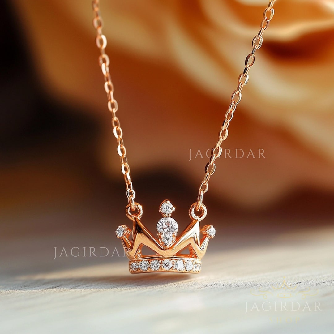 14k Gold Diamond Crown Necklace Princess Tiara Necklace Etsy