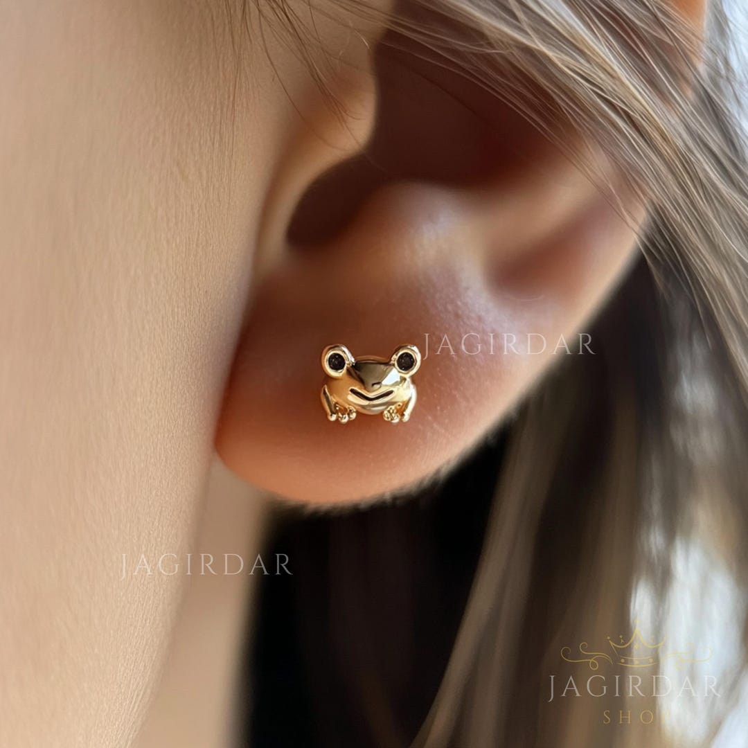 14k Gold Tiny Frog Stud Earrings, Gold Cute Frog Earrings, 14k Frog Animal Earrings, Frog Face ...