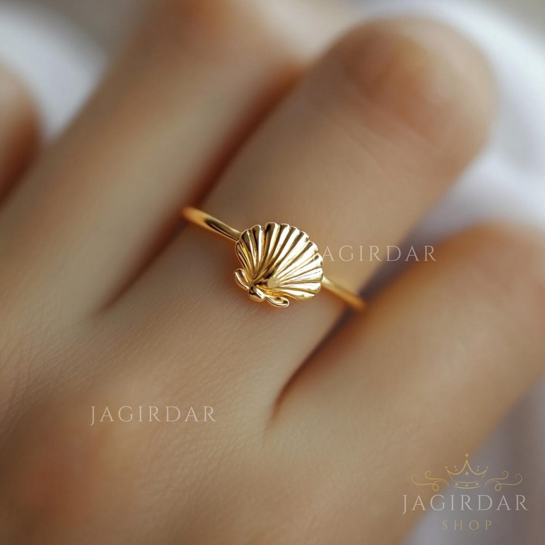 14k Gold Sea Shell Ring, Gold Scallop Shell Ring, Dainty Gold Sea Shell ...