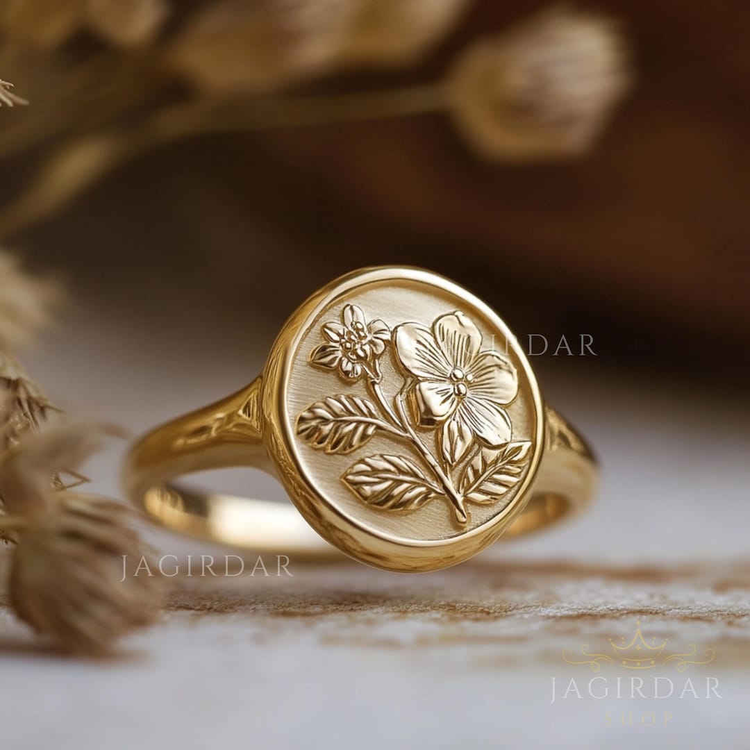 14k Gold Flower Signet Ring: Handmade Floral Statement Ring - Etsy