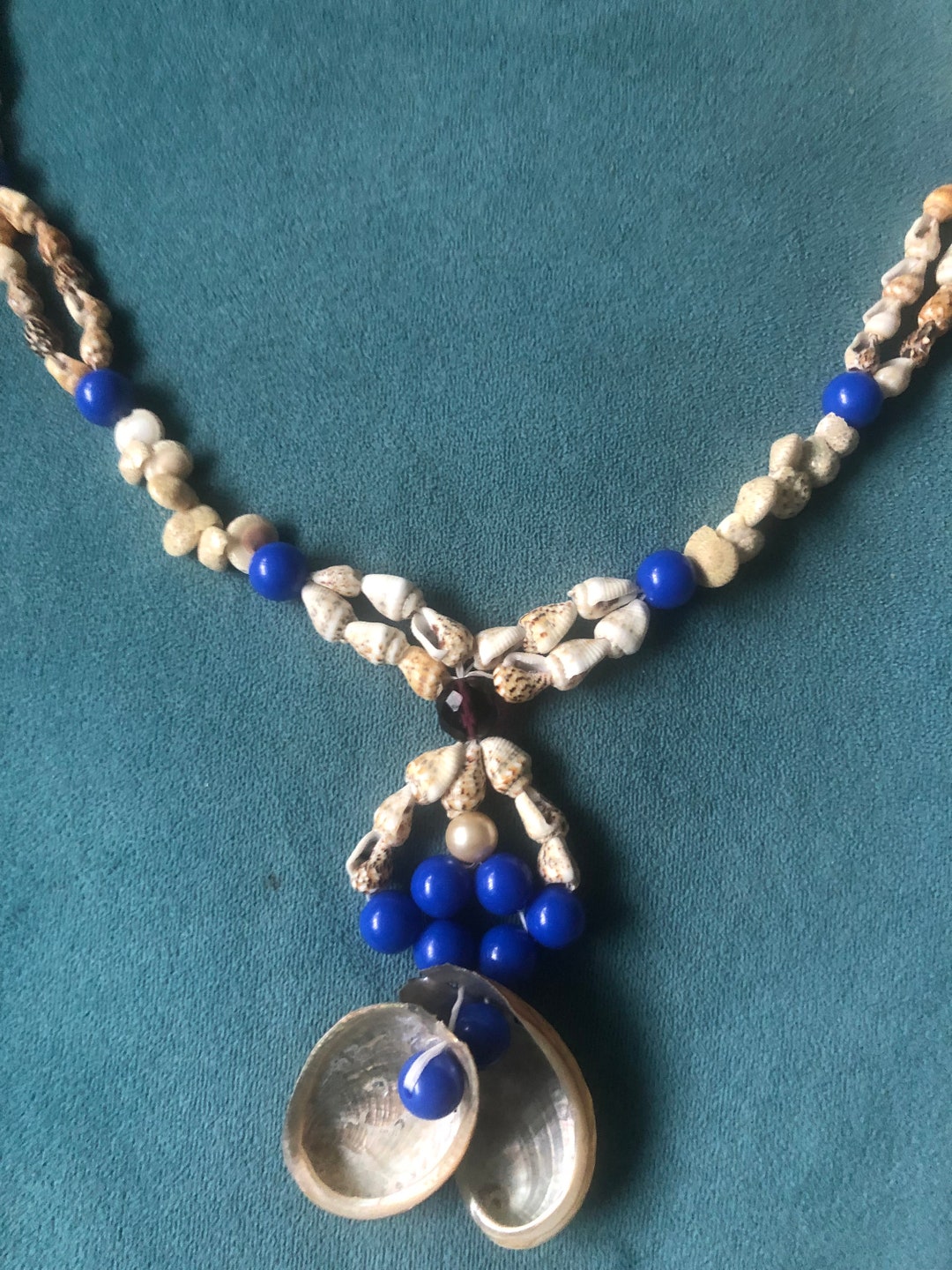 Hand Beaded Seashells and Royal Blue Beads With Double Abalone Shells ...