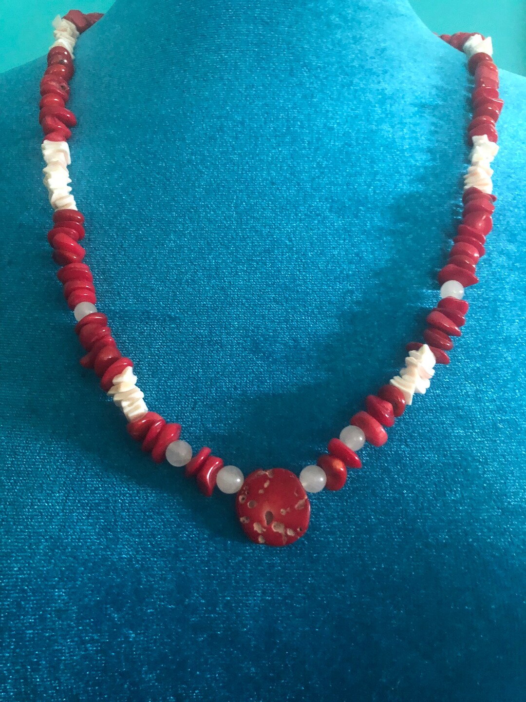 Handmade Red Coral, Pale Pink Puka Shells and Rose Quartz Beaded ...