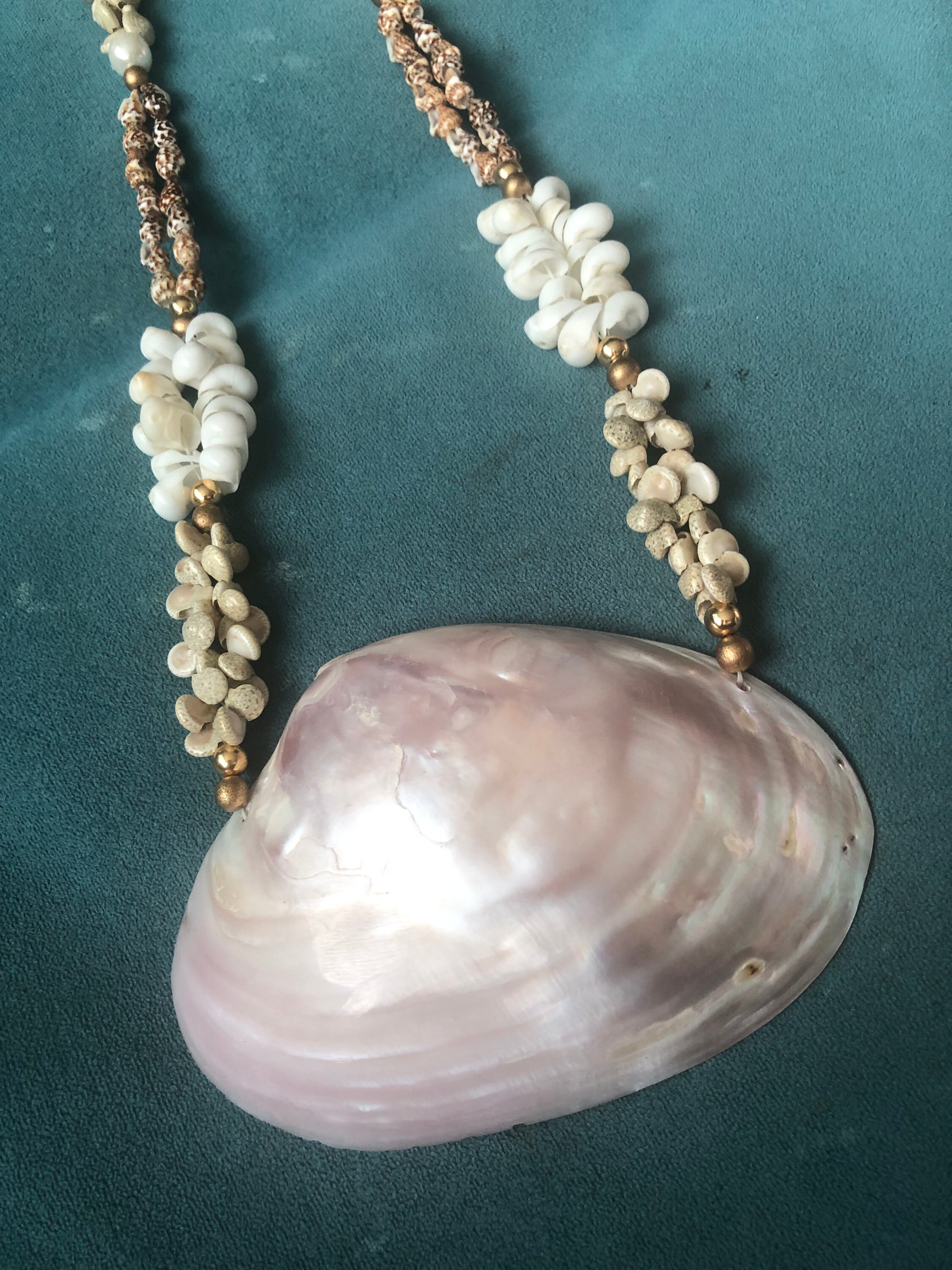 Large Pale Pink Polished Clam Shell Pendant Necklace Hand Beaded With ...
