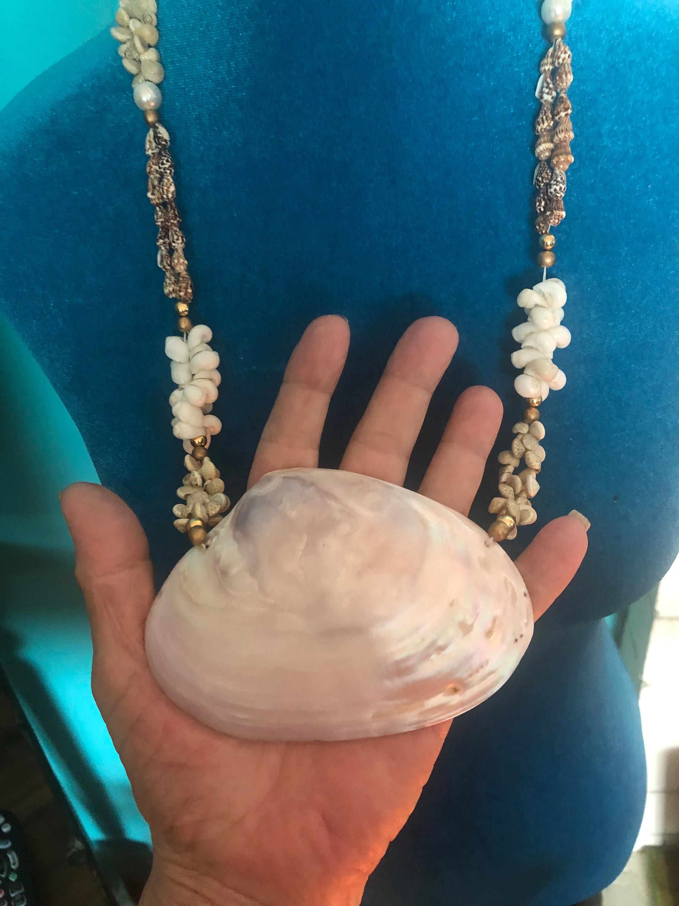 Large Pale Pink Polished Clam Shell Pendant Necklace Hand Beaded With ...