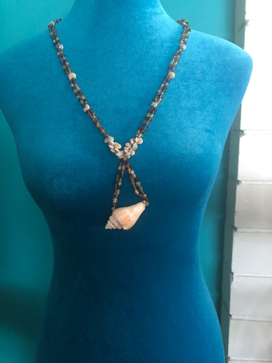 Multi Colored Beads and Tiny Shells Handmade Seashell Pendant Necklace ...