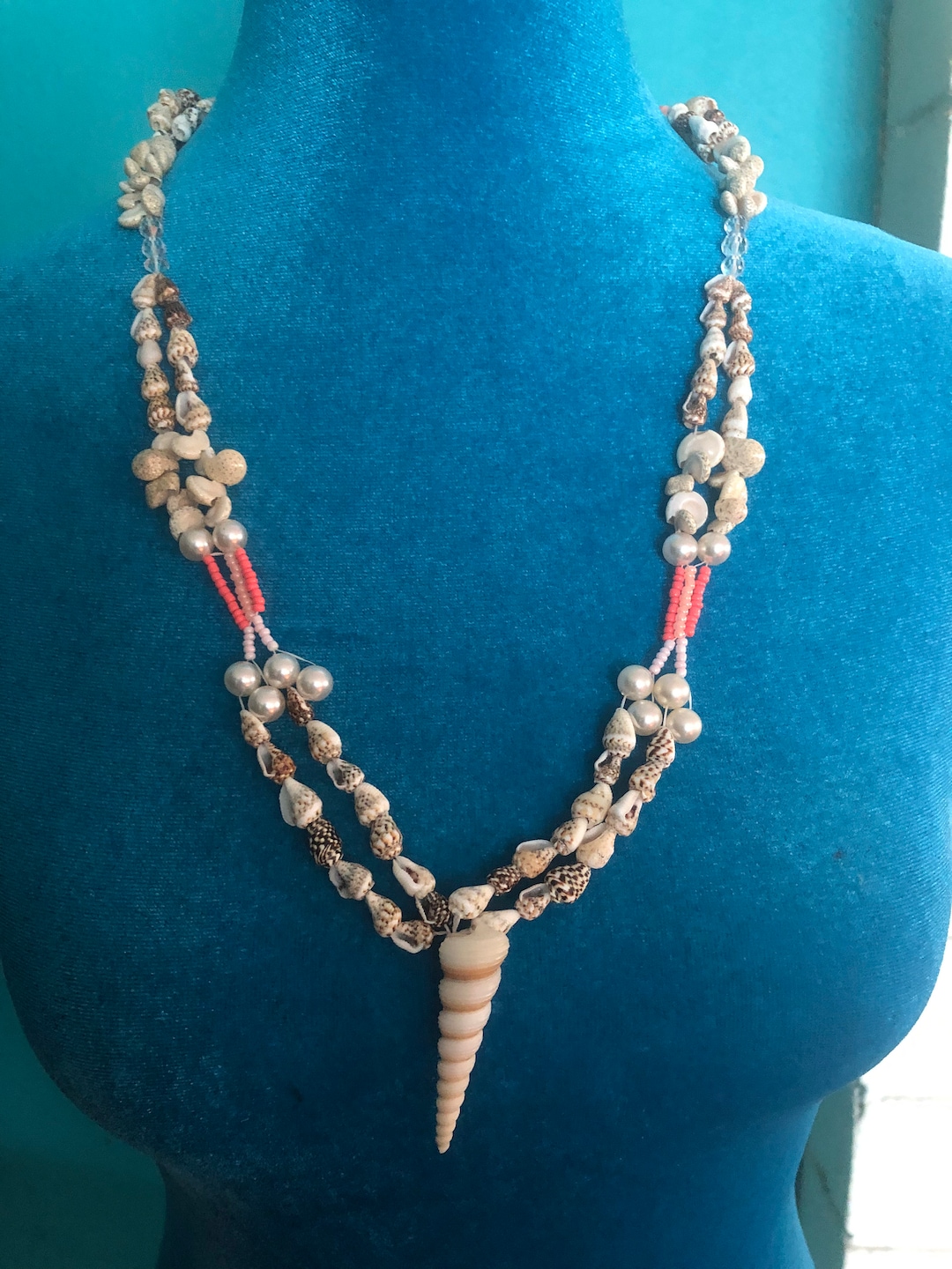 Seashells, Clear Beads, Pearls and Seed Beads Necklace With Auger Shell ...