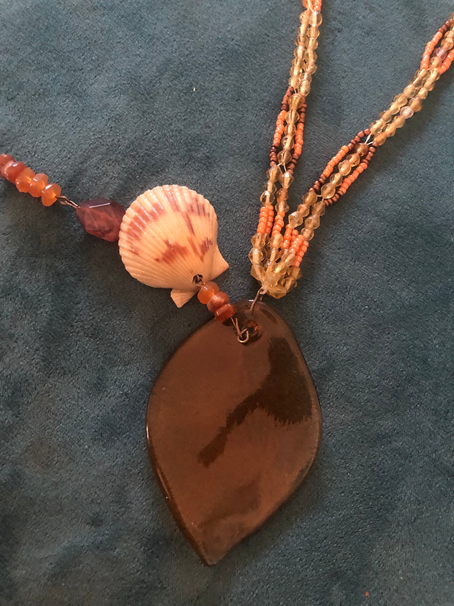 Wavy Gold Glass, Scallop Shell, Dangle Beads Large Pendant Necklace ...
