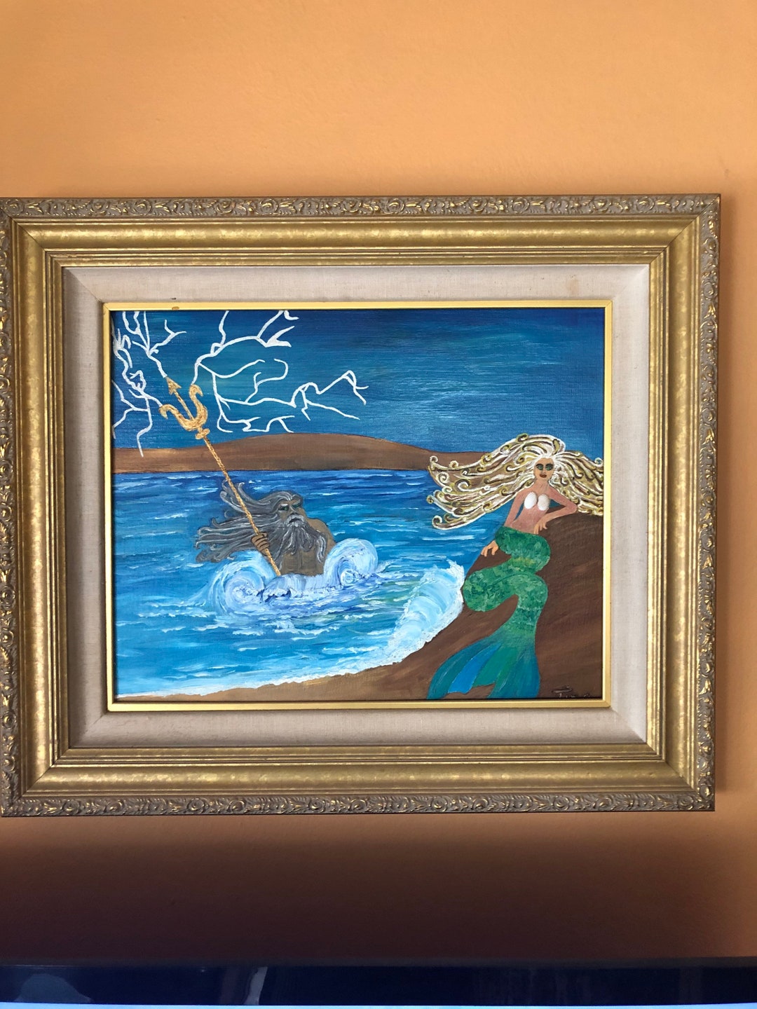 King Neptune and Mermaid Oil Painting on Canvas in a Beautiful Gold ...