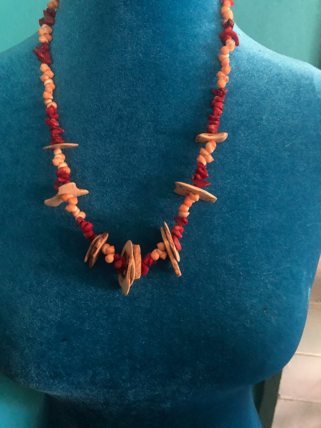 Handmade Seashells and Red Coral 23” Beaded Necklace With Adjustable ...