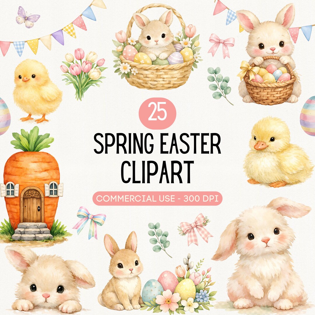 Watercolor Pastel Spring Easter Clipart Set, Cute Bunny PNG, Easter ...