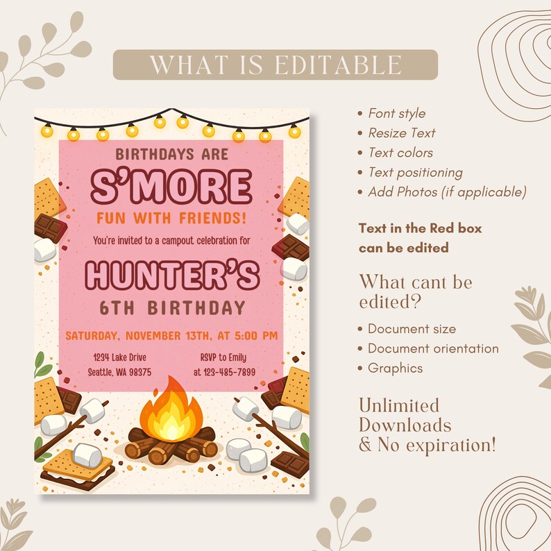 S'mores Camping Birthday Invitation, Backyard Bonfire Campout Party ...