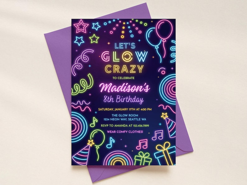 Glow Party Birthday Invitation, Neon Glow in the Dark Invite, Glow ...