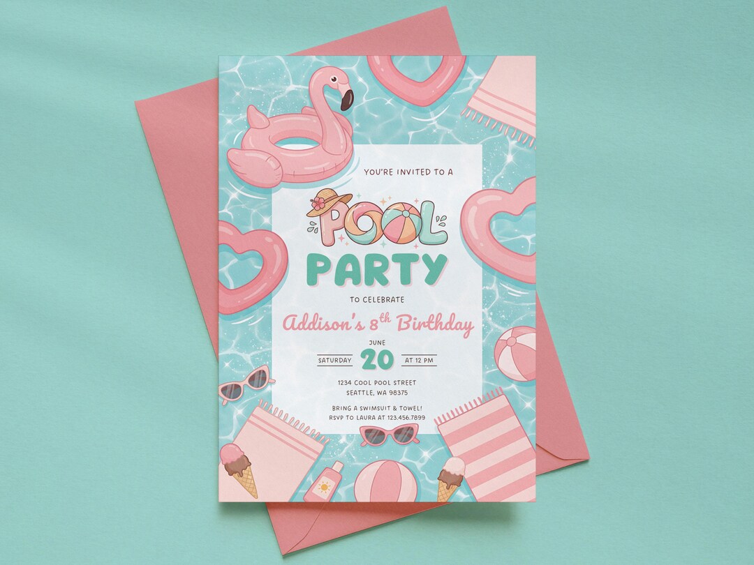 Girls Pool Party Birthday Invitation, Pink Summer Swim Beach Theme for ...