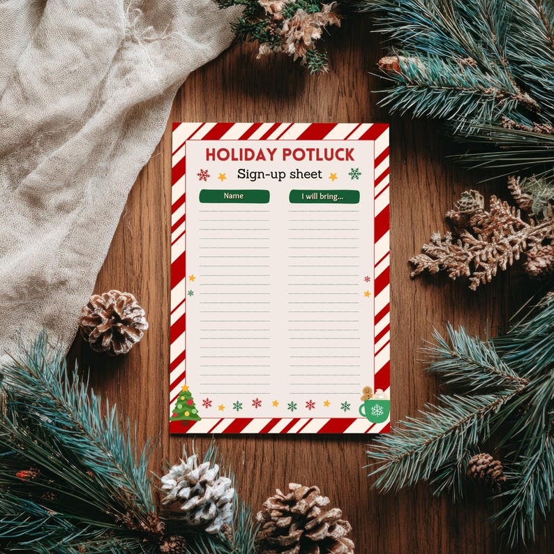 Christmas Potluck Sign-up Sheet Template • Editable Canva Printable ...