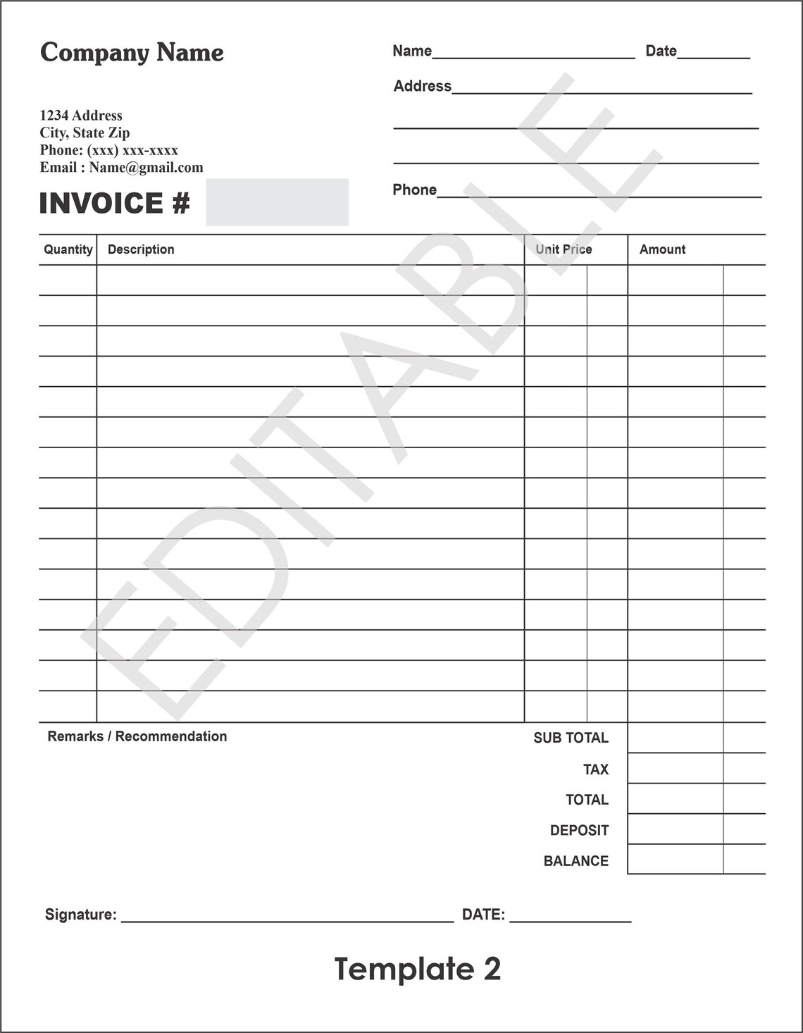 Editable Invoices 3 Versions PDF File - Etsy