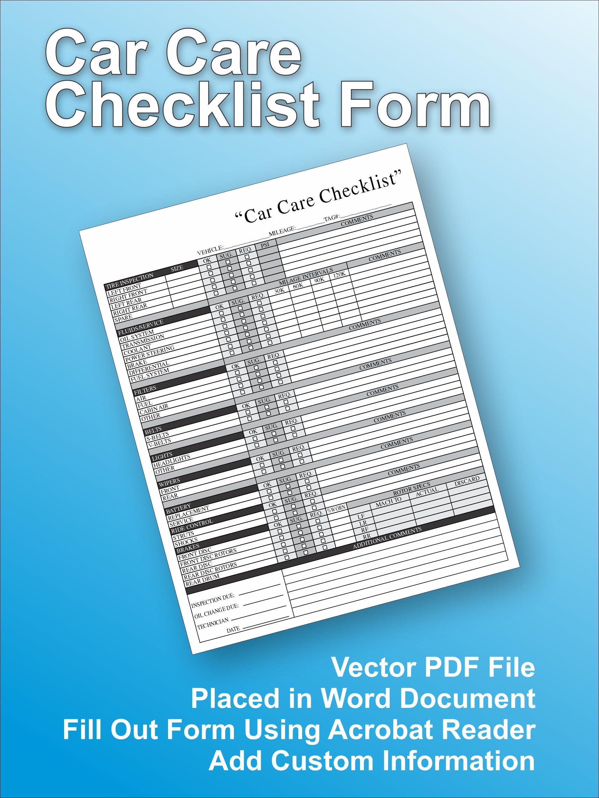 Car Care Inspection Checklist for Vehicle Maintenance | Printable PDF ...