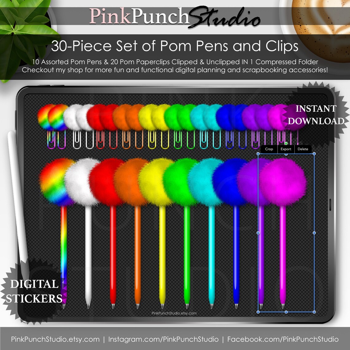 Neon Pom Digital Pens and Paperclip Set PNG Files Planner - Etsy