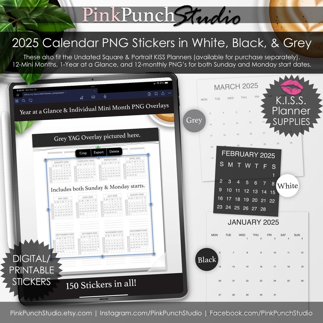 2025 Calendar Overlays: Monthly Digital Planner Stickers (digital ...