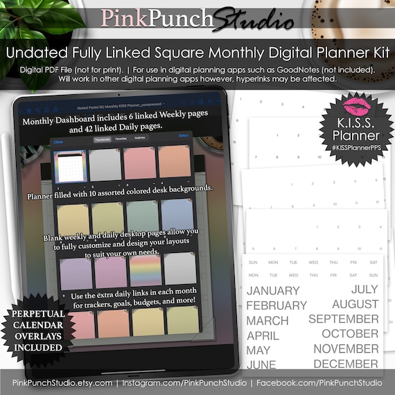 Muted Pastel Square Monthly KISS Planner PPS Undated Digital - Etsy