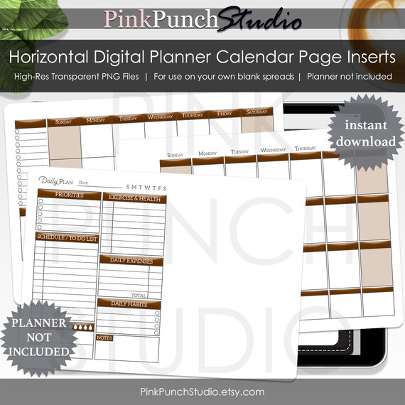 Horizontal Digital Planner Calendar Page Inserts Transparent | Etsy
