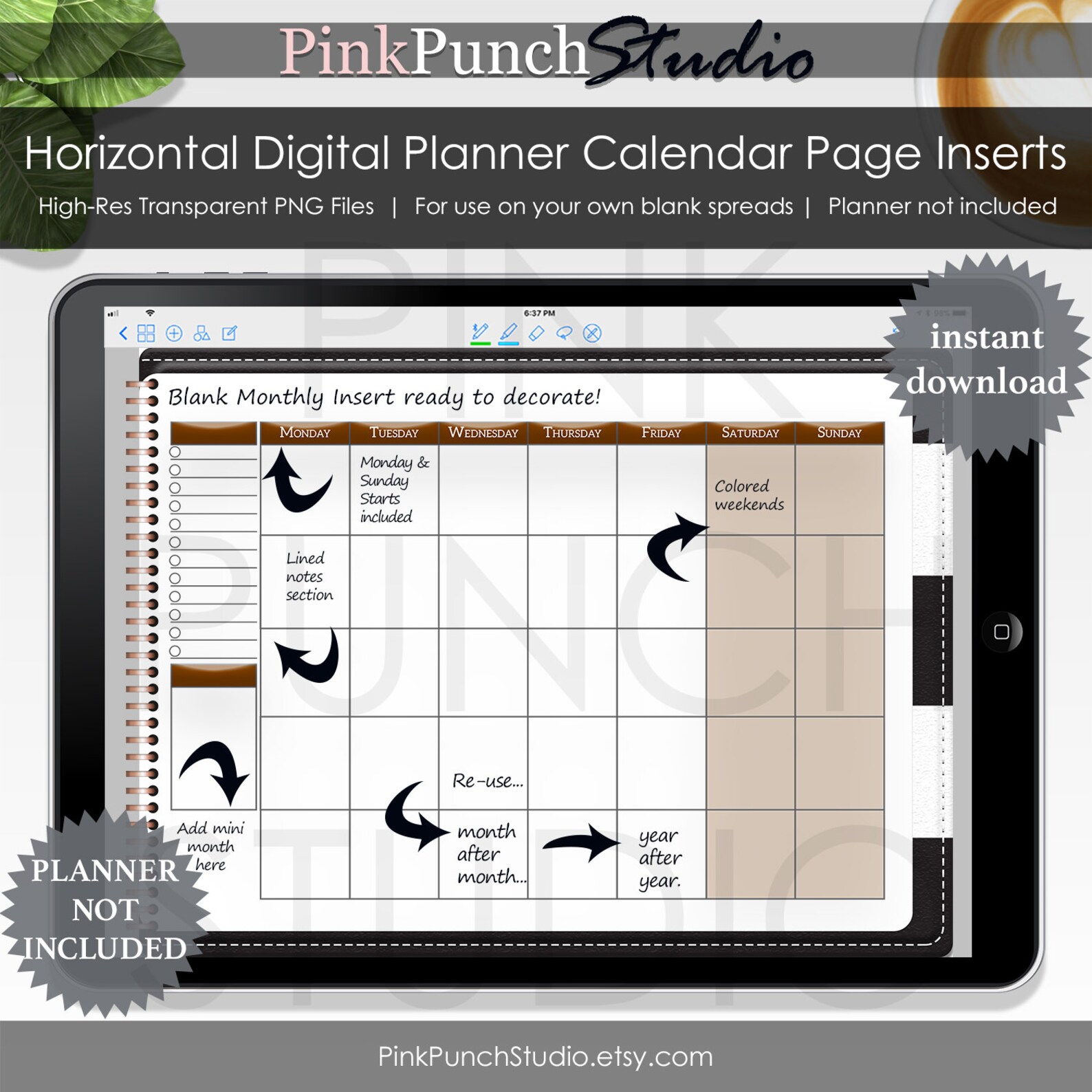 Horizontal Digital Planner Calendar Page Inserts Transparent | Etsy