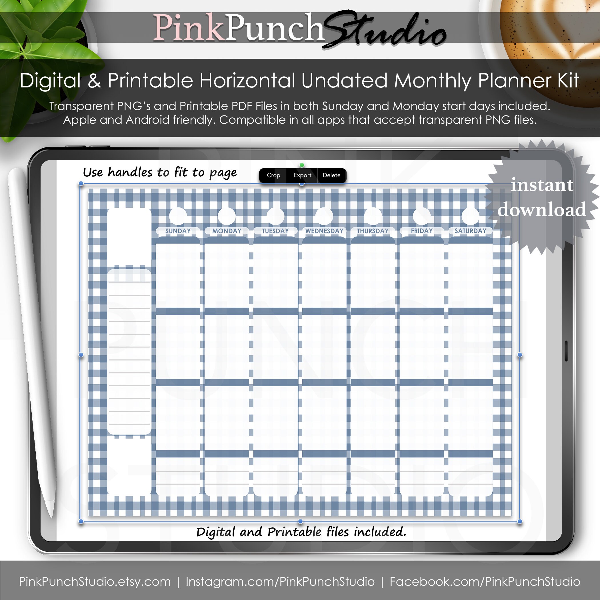 Dusty Blue Gingham Horizontal Planner Calendar Insertar PNG - Etsy México