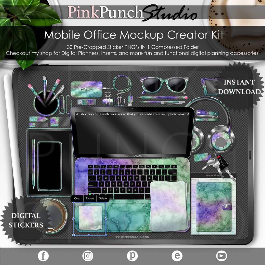 Posh Peacock Marble Mobile Office Mockup Kit PNG Planner Stickers ...