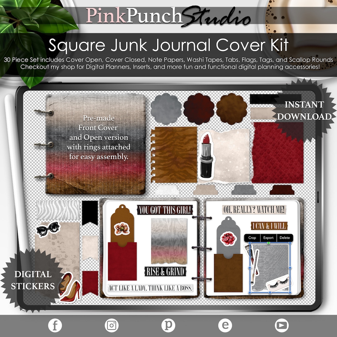 Boss Lady Square Junk Journal Cover Kit PNG Stickers Notebook Mockup ...