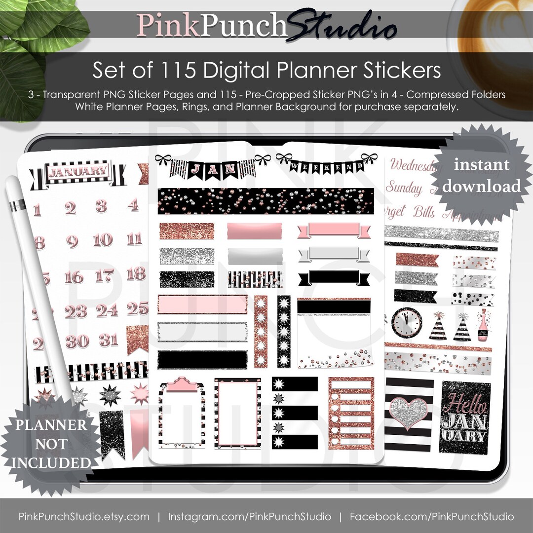 New Year January Digital Planner Stickers Kit Transparent PNG Files ...