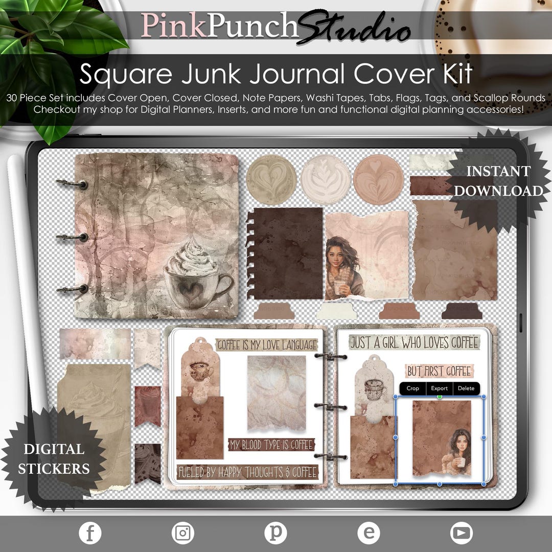 Mocha Loca Junk Journal Cover Kit | Digital Planner Stickers | Washi ...