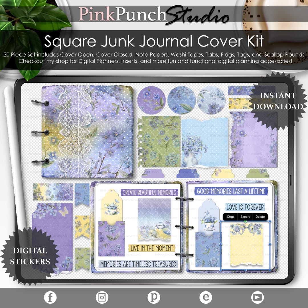 Forget Me Not Junk Journal Cover Kit | PNG Digital Planner Stickers ...
