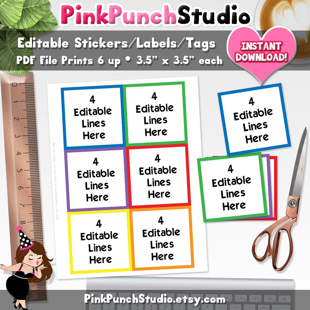 Editable Labels Stickers Printable PDF File 3.5 Inch Squares School ...