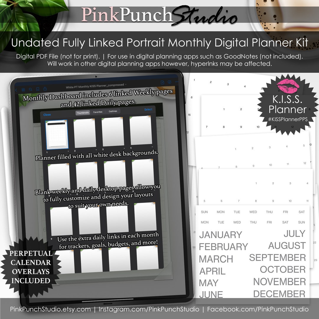 White Monthly Portrait KISS Planner PPS Digital Planning Kit Undated ...