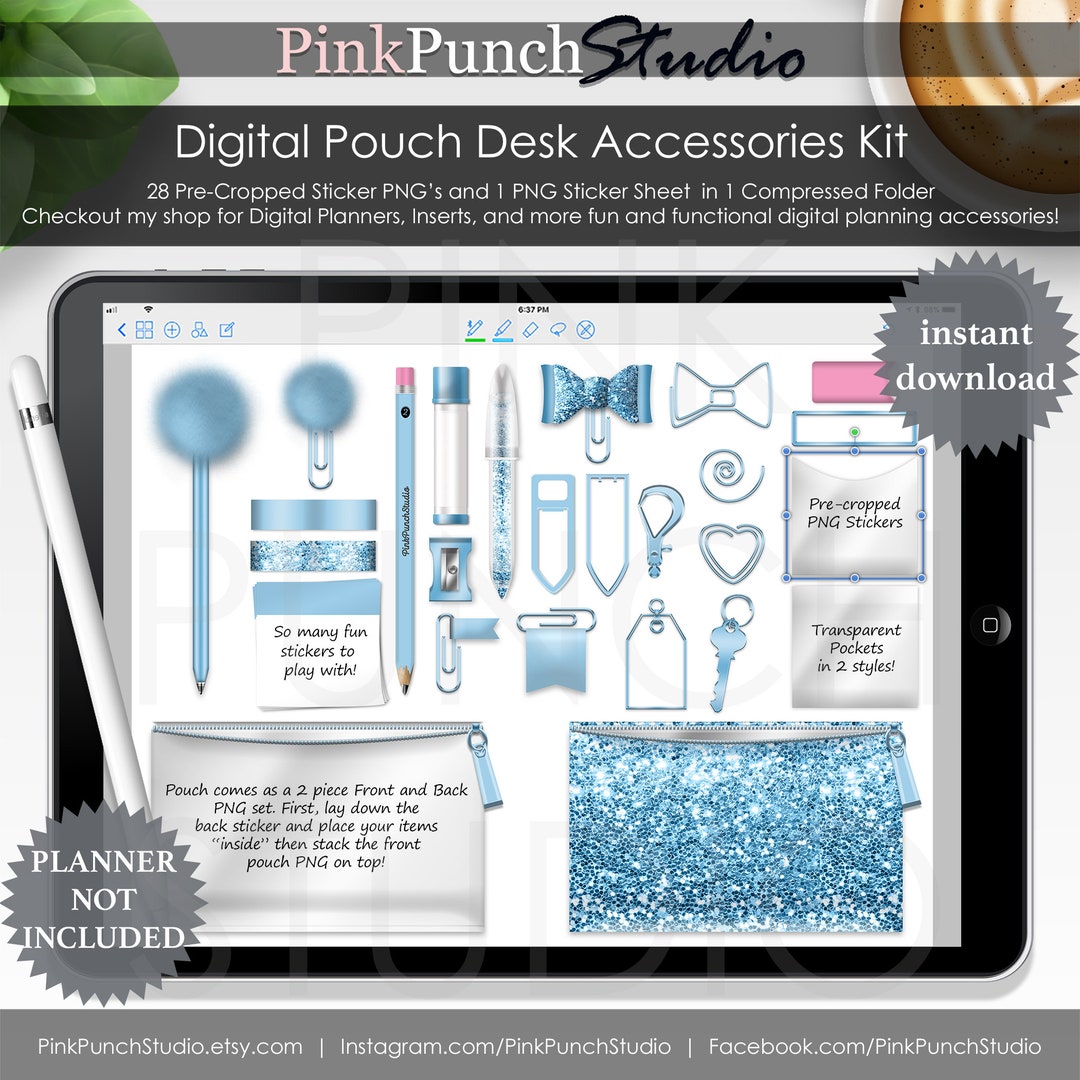Baby Blue Glitter Pouch Desk Kit Digital Planner Planning - Etsy
