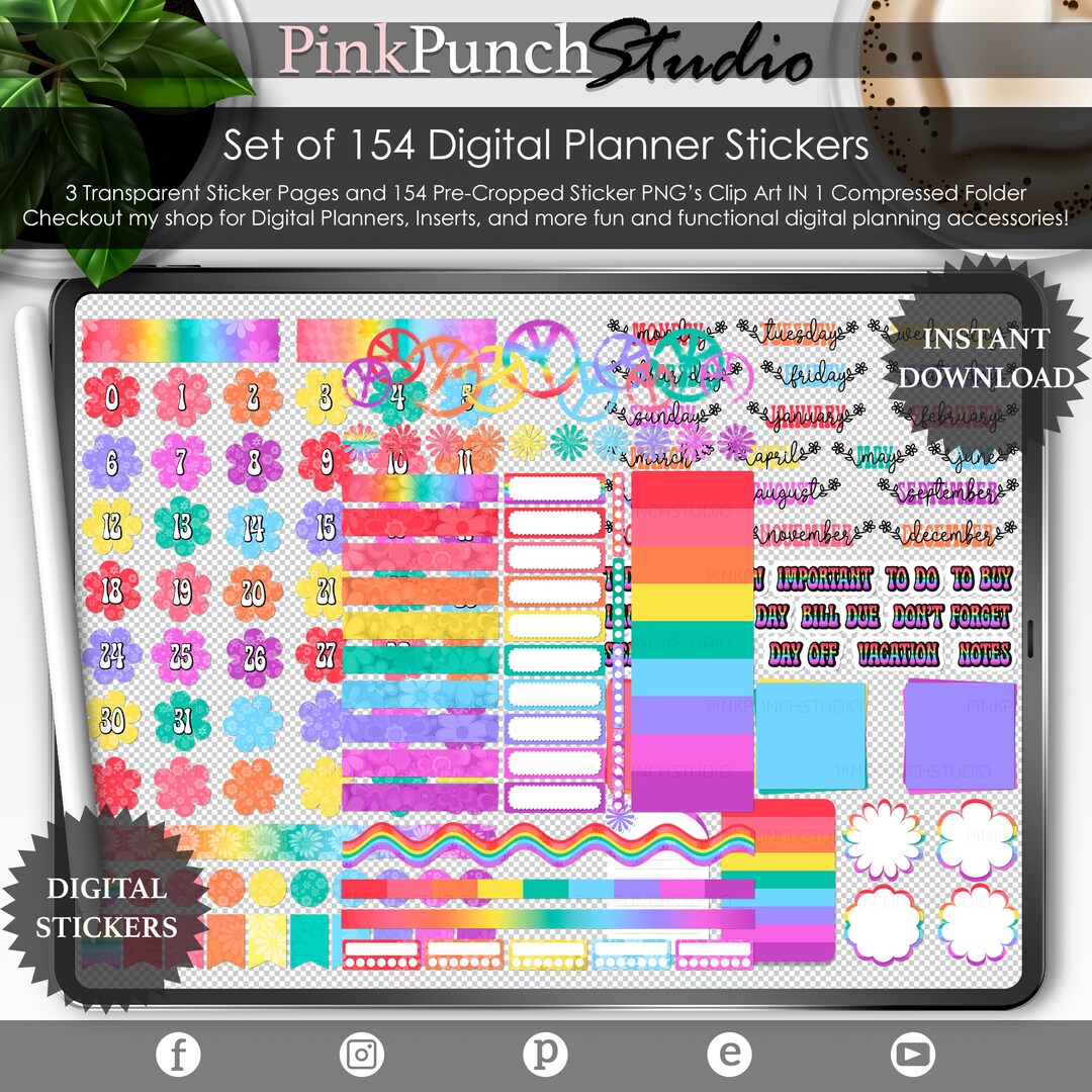 Flower Power Digital Planner Stickers: Weekly & Monthly Kit (PNG, JPEG ...