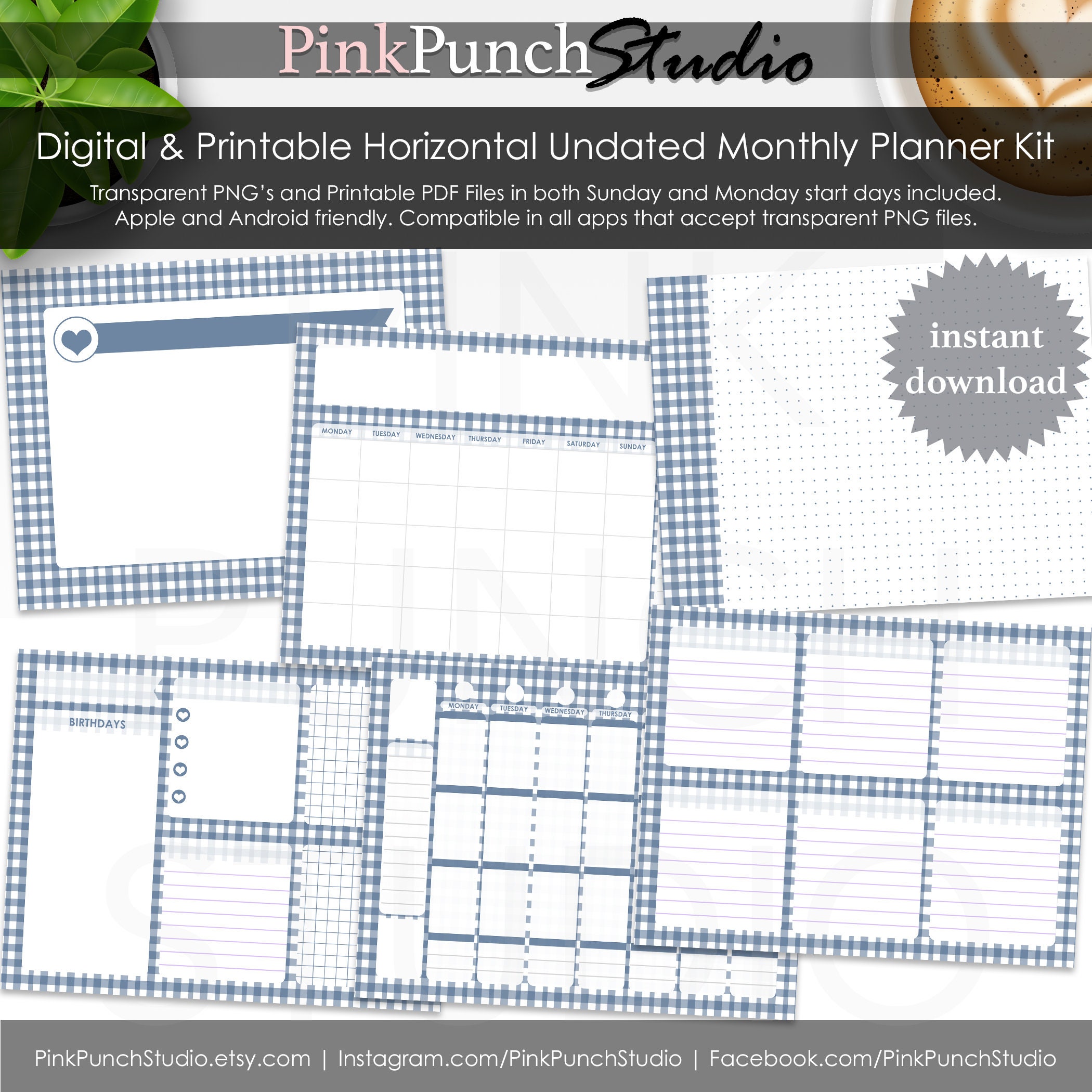 Dusty Blue Gingham Horizontal Planner Calendar Insertar PNG - Etsy México