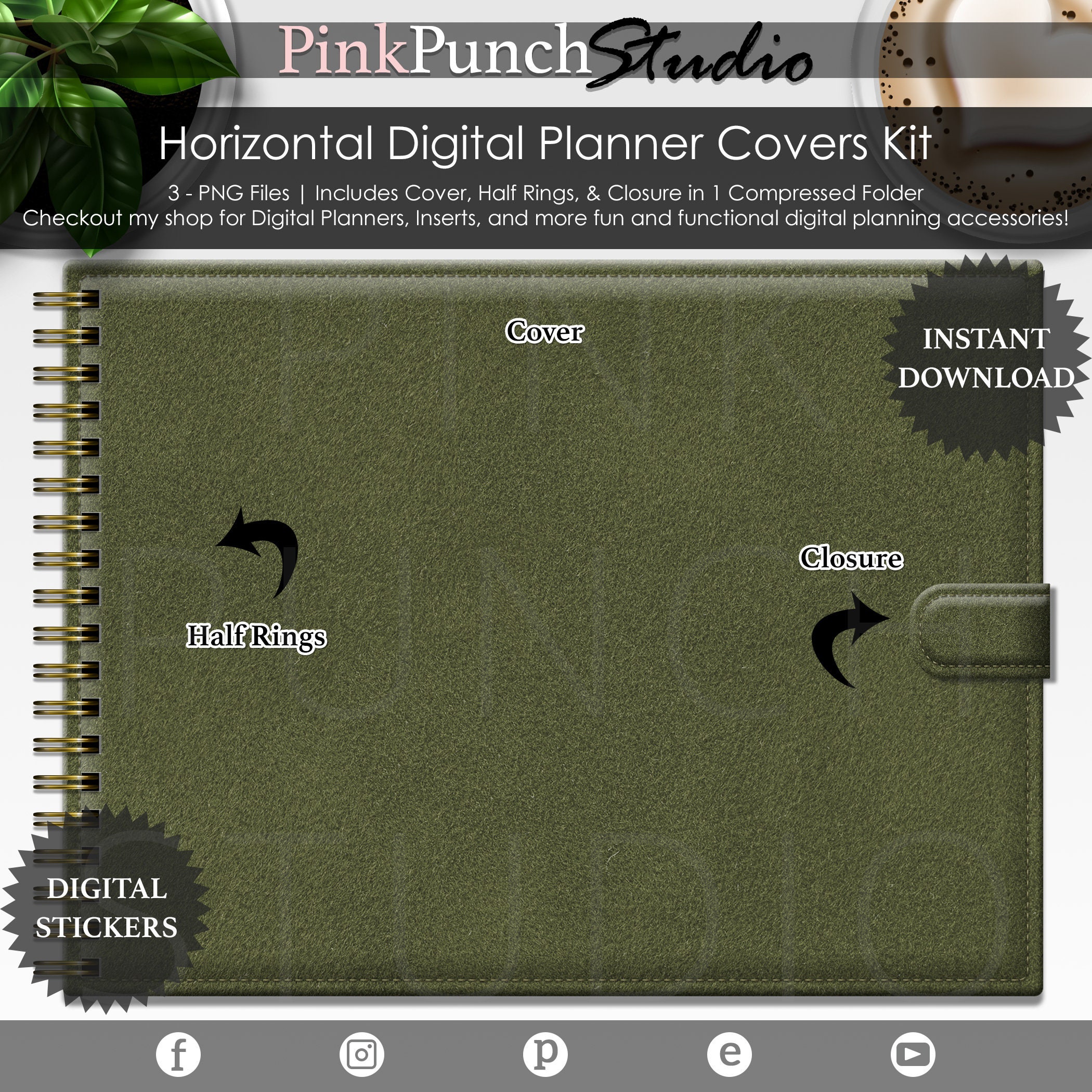 Olive Green Horizontal Digital Planner Covers Kit Gold Spiral | Etsy