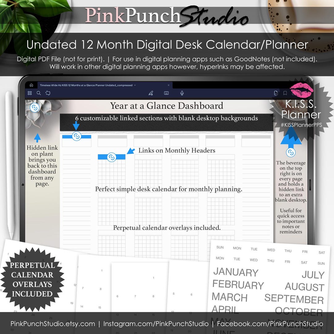 Undated 12-month Digital Desk Calendar | Neutral Horizontal Monthly ...